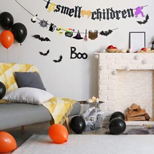 HAUTOCO I Smell Children Banner Glitter Hocus Pocus Banner Halloween Banner Party Decorations, Halloween Witch Party Supplies, Halloween Bat Spider Web Cupcake Toppers for Home Fireplace Mantel Decor