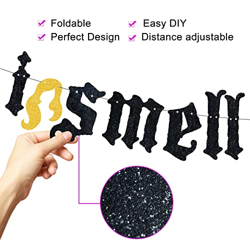 HAUTOCO I Smell Children Banner Glitter Hocus Pocus Banner Halloween Banner Party Decorations, Halloween Witch Party Supplies, Halloween Bat Spider Web Cupcake Toppers for Home Fireplace Mantel Decor