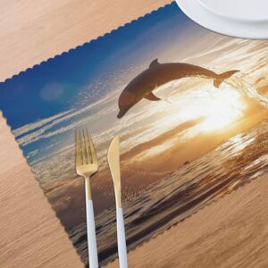 Sunset Dolphin Jumping Over The Water Placemats Set of 6,Table Mats Heat-Resistant Washable Non-Slip Place Mats for Party Family Dining Kitchen Home Wedding Holiday Party Decorations 12 X 18 Inch