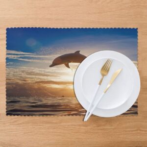 Sunset Dolphin Jumping Over The Water Placemats Set of 6,Table Mats Heat-Resistant Washable Non-Slip Place Mats for Party Family Dining Kitchen Home Wedding Holiday Party Decorations 12 X 18 Inch