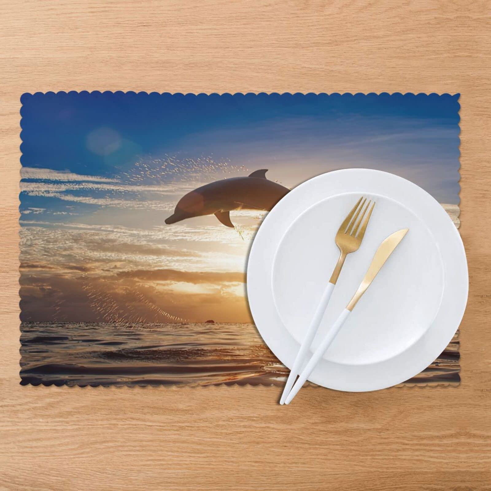 Sunset Dolphin Jumping Over The Water Placemats Set of 6,Table Mats Heat-Resistant Washable Non-Slip Place Mats for Party Family Dining Kitchen Home Wedding Holiday Party Decorations 12 X 18 Inch