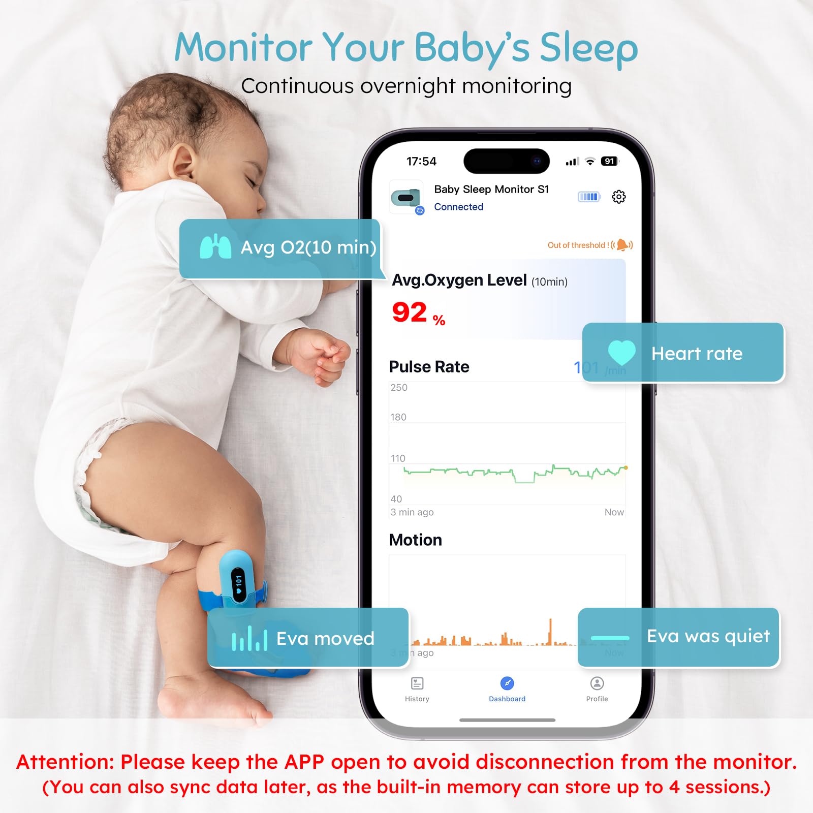 Babytone Baby Oxygen Monitor, Baby Sleep Monitor, Tracking Avg O2, Pulse Rate and Movement for Infant, Wearable Foot Monitor with Bluetooth and APP, for 0-36 Months Newborn's Sleep(New Version-Sock)