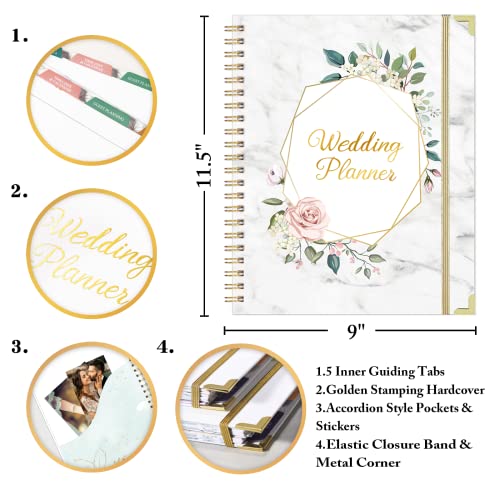 Wedding Planner - Wedding Planner Book and Organizer for the Bride with 5 Tabbed Sections, 9" x 11.9", Hardcover with Metal Corner + 5 Inner Pockets + Sticker + Elastic Closure Band - Wedding Marble