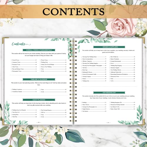 Wedding Planner - Wedding Planner Book and Organizer for the Bride with 5 Tabbed Sections, 9" x 11.9", Hardcover with Metal Corner + 5 Inner Pockets + Sticker + Elastic Closure Band - Wedding Marble