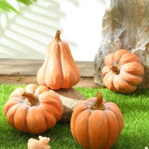 Fake Pumpkins, 4 Pcs Pumpkin Design Decorative Statue, Foam Plastic Fake Faux Artificial Pumpkins for Halloween Fall Harvest Festival Home Table Decor, Halloween Indoor Decoration