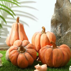 Fake Pumpkins, 4 Pcs Pumpkin Design Decorative Statue, Foam Plastic Fake Faux Artificial Pumpkins for Halloween Fall Harvest Festival Home Table Decor, Halloween Indoor Decoration