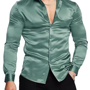 URRU Men's Luxury Shiny Silk Like Satin Dress Shirt Long Sleeve Slim Fit Casual Muscle Button Up Shirts Light Green L