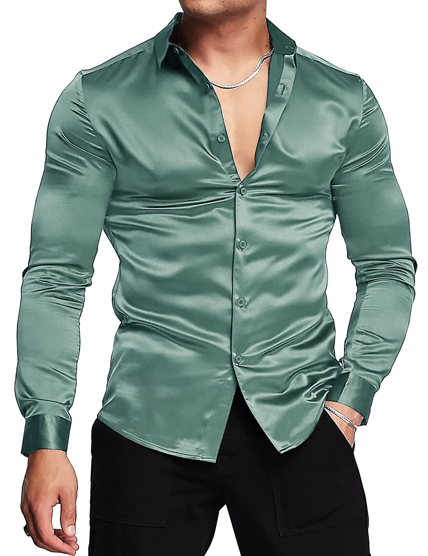 URRU Men's Luxury Shiny Silk Like Satin Dress Shirt Long Sleeve Slim Fit Casual Muscle Button Up Shirts Light Green L