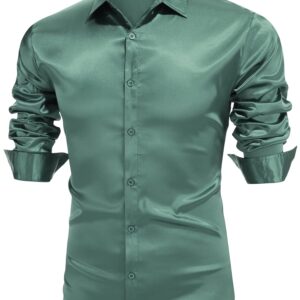 URRU Men's Luxury Shiny Silk Like Satin Dress Shirt Long Sleeve Slim Fit Casual Muscle Button Up Shirts Light Green L