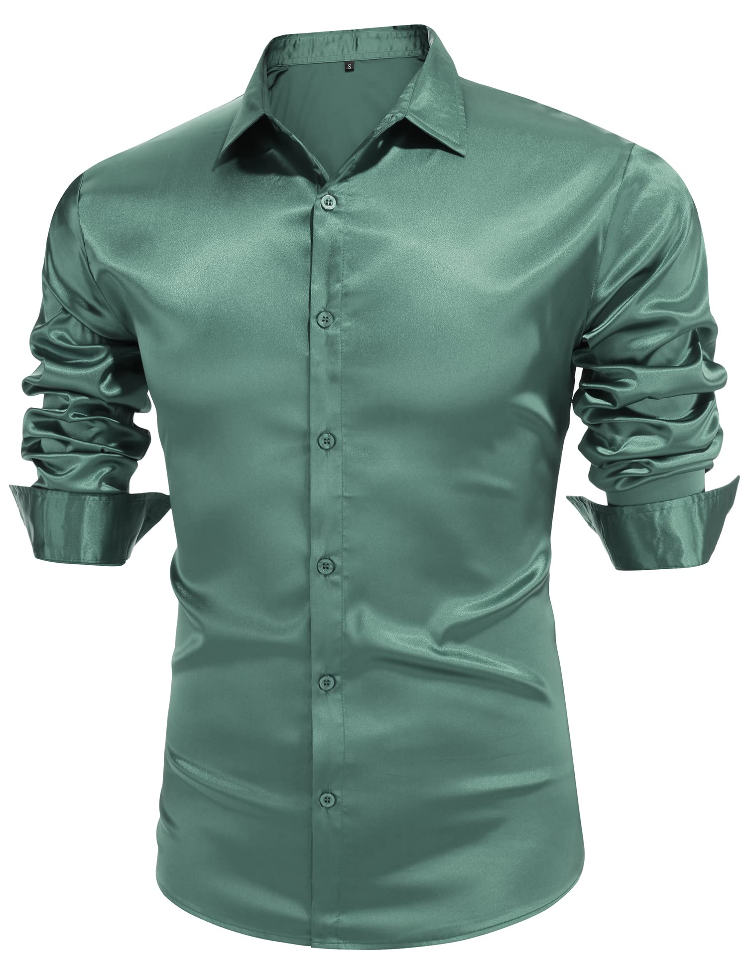 URRU Men's Luxury Shiny Silk Like Satin Dress Shirt Long Sleeve Slim Fit Casual Muscle Button Up Shirts Light Green L