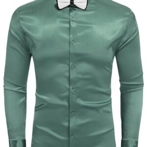 URRU Men's Luxury Shiny Silk Like Satin Dress Shirt Long Sleeve Slim Fit Casual Muscle Button Up Shirts Light Green L