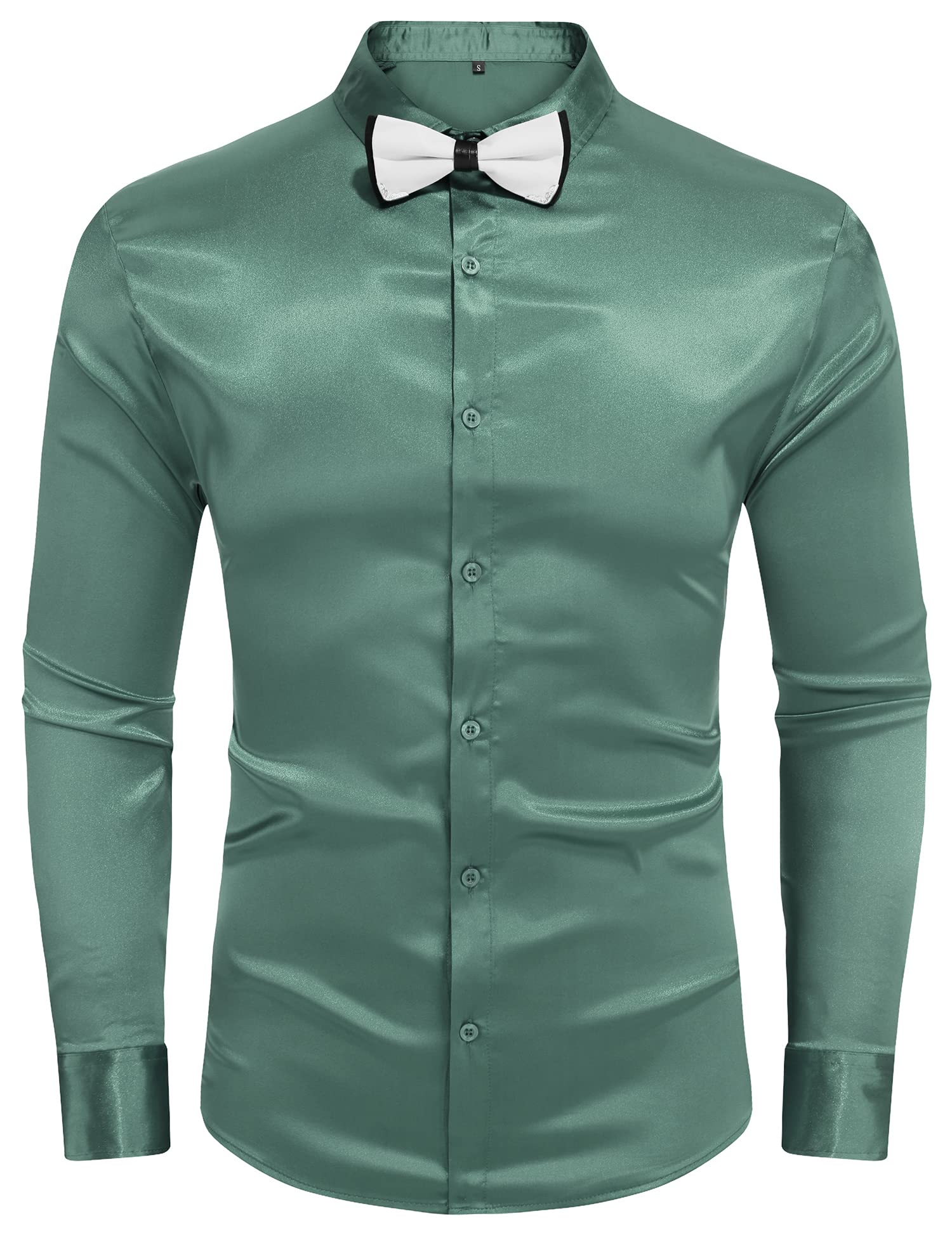 URRU Men's Luxury Shiny Silk Like Satin Dress Shirt Long Sleeve Slim Fit Casual Muscle Button Up Shirts Light Green L