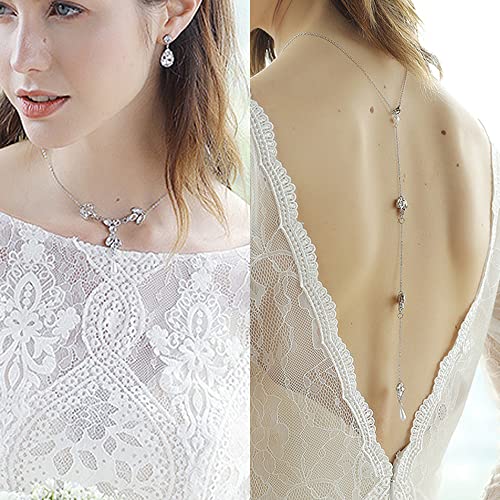 JWICOS Dainty Back Necklace Sexy Crystal Pearl Backdrop Y Necklace Back Necklace Wedding Jewelry for Women and Bride (Silver)