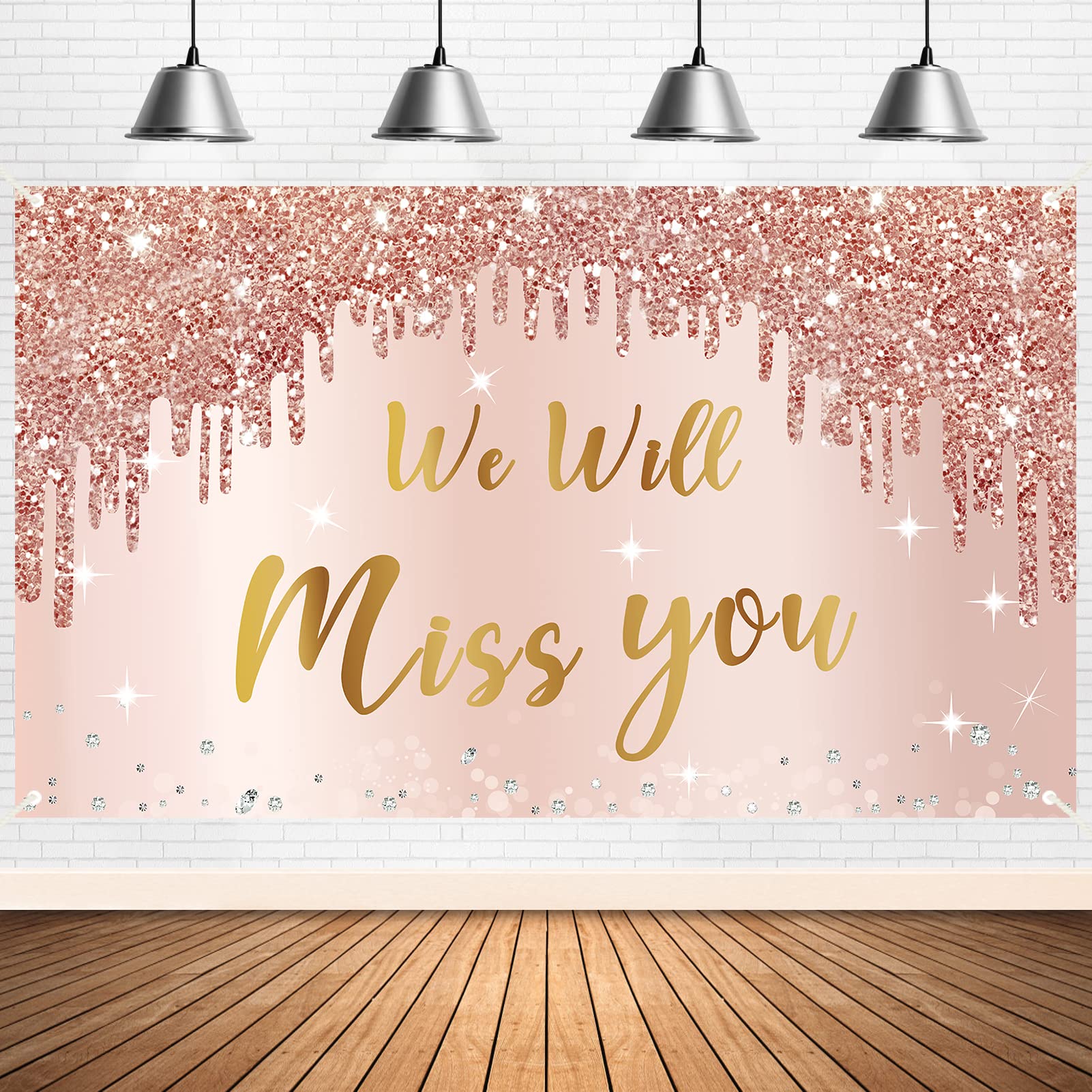 Going Away Party Decorations We Will Miss You Banner Backdrop for Women, Rose Gold Goodbye Farewell Party Sign Supplies, Pink Retirement Graduation Party Poster Background Photo Booth Props Decor