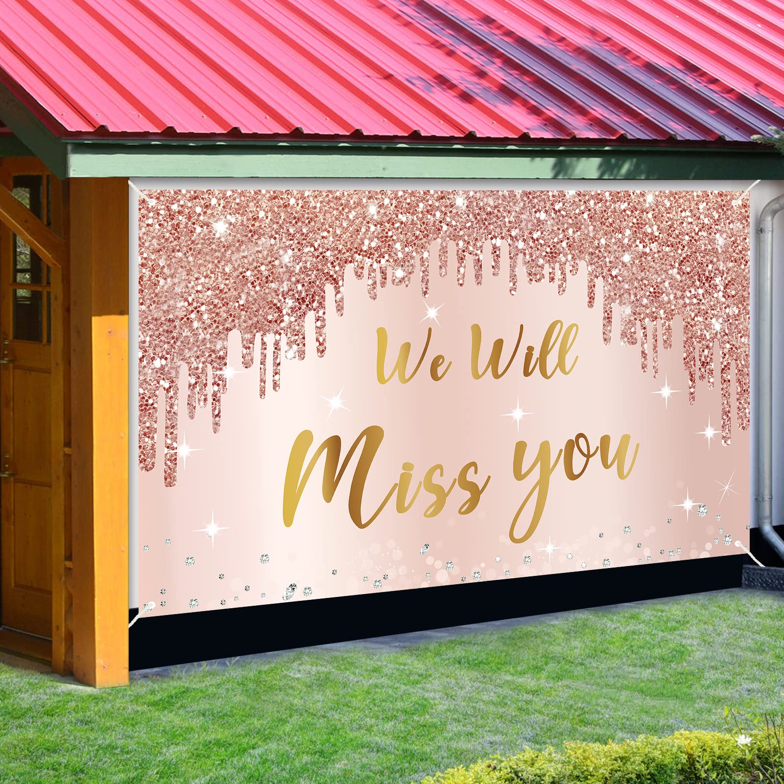 Going Away Party Decorations We Will Miss You Banner Backdrop for Women, Rose Gold Goodbye Farewell Party Sign Supplies, Pink Retirement Graduation Party Poster Background Photo Booth Props Decor