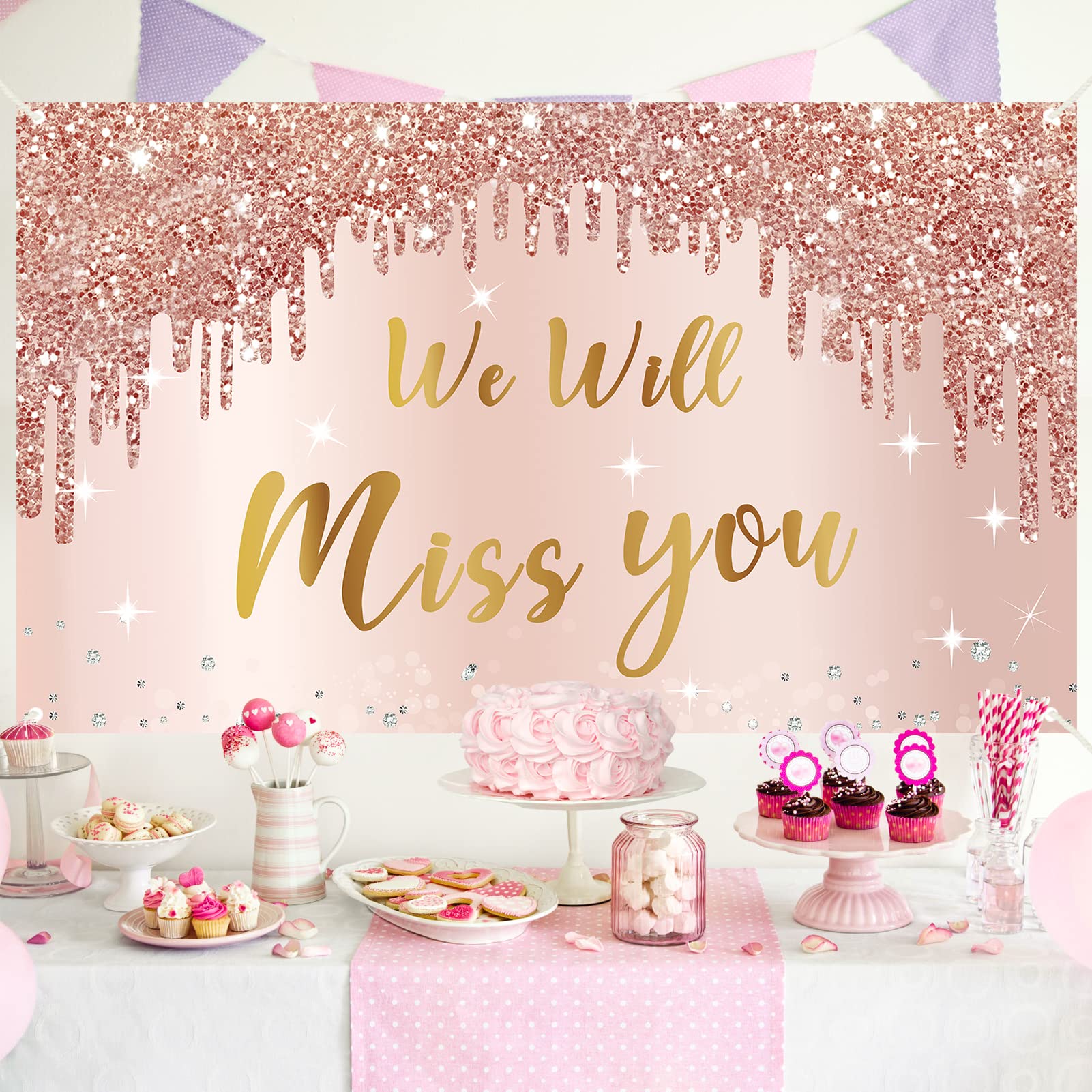 Going Away Party Decorations We Will Miss You Banner Backdrop for Women, Rose Gold Goodbye Farewell Party Sign Supplies, Pink Retirement Graduation Party Poster Background Photo Booth Props Decor