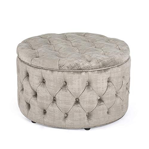 Joveco Round Storage Ottoman, Button Tufted Upholstered Ottoman with Removable Top, Storage Bench Coffee Table Footrest Stool for Living Room Bedroom Entryway (Beige)