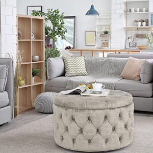 Joveco Round Storage Ottoman, Button Tufted Upholstered Ottoman with Removable Top, Storage Bench Coffee Table Footrest Stool for Living Room Bedroom Entryway (Beige)