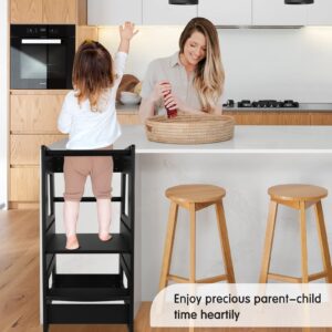 ECOMEX Toddler Standing Tower Kitchen Step Stool for Kid's Adjustable Height Learning Stool Helper Removable Anti-Drop Safety Rail Stool for Bedroom, Bathroom, Black