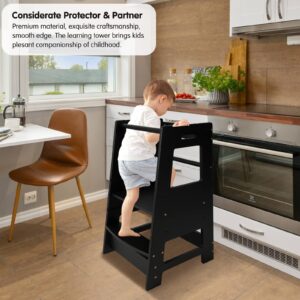 ECOMEX Toddler Standing Tower Kitchen Step Stool for Kid's Adjustable Height Learning Stool Helper Removable Anti-Drop Safety Rail Stool for Bedroom, Bathroom, Black