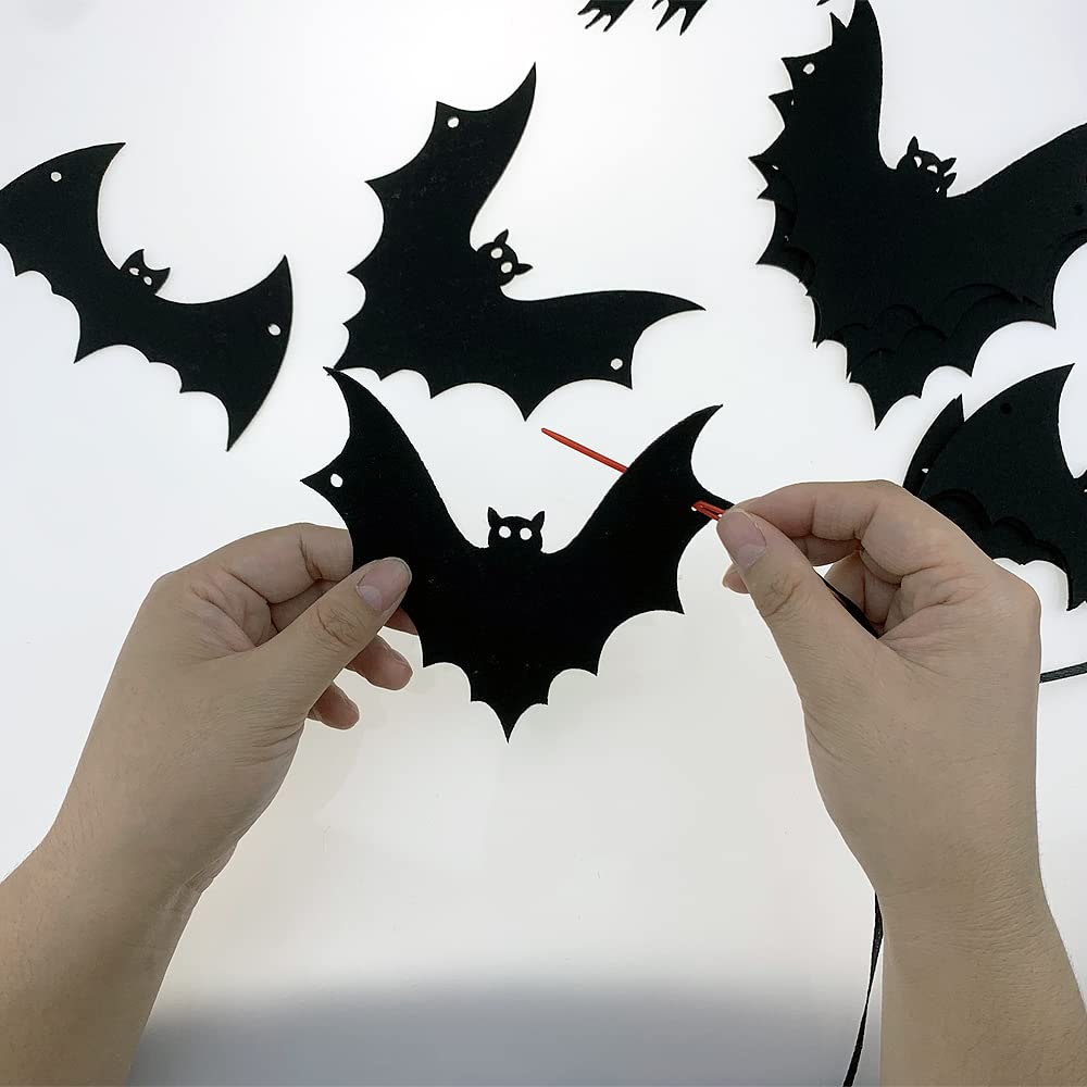 SaktopDeco 2 Pack Felt Black Bat Garland Banner Flying Bats for Fireplace Haunted House Halloween Themed Party Decorations