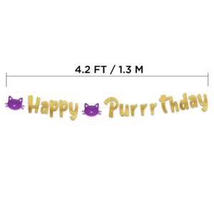 Happy Purrrthday Glitter Banner – Cat Birthday Banner and Decorations – Funny Kitten Birthday Party Supplies and Gifts