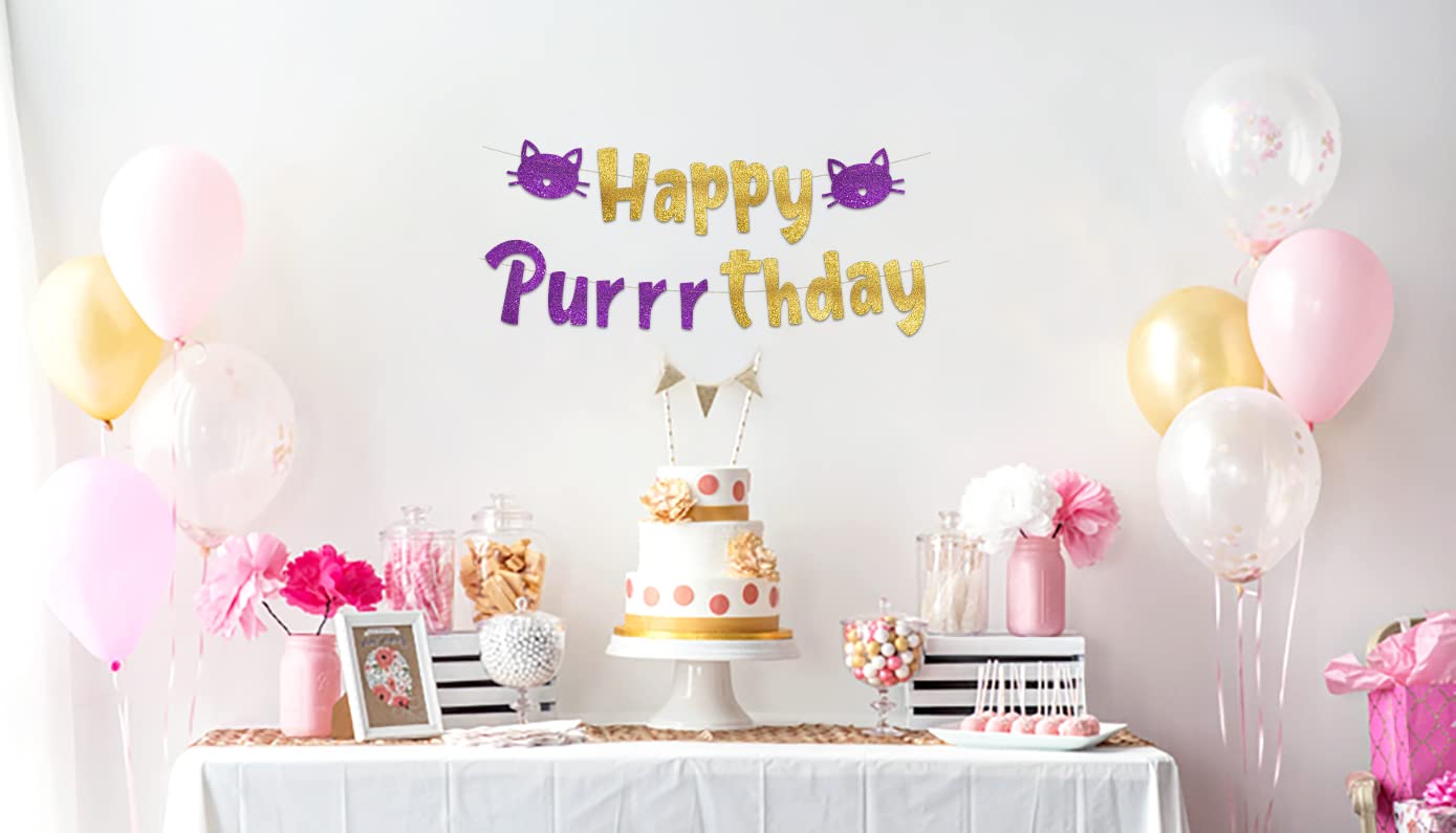 Happy Purrrthday Glitter Banner – Cat Birthday Banner and Decorations – Funny Kitten Birthday Party Supplies and Gifts