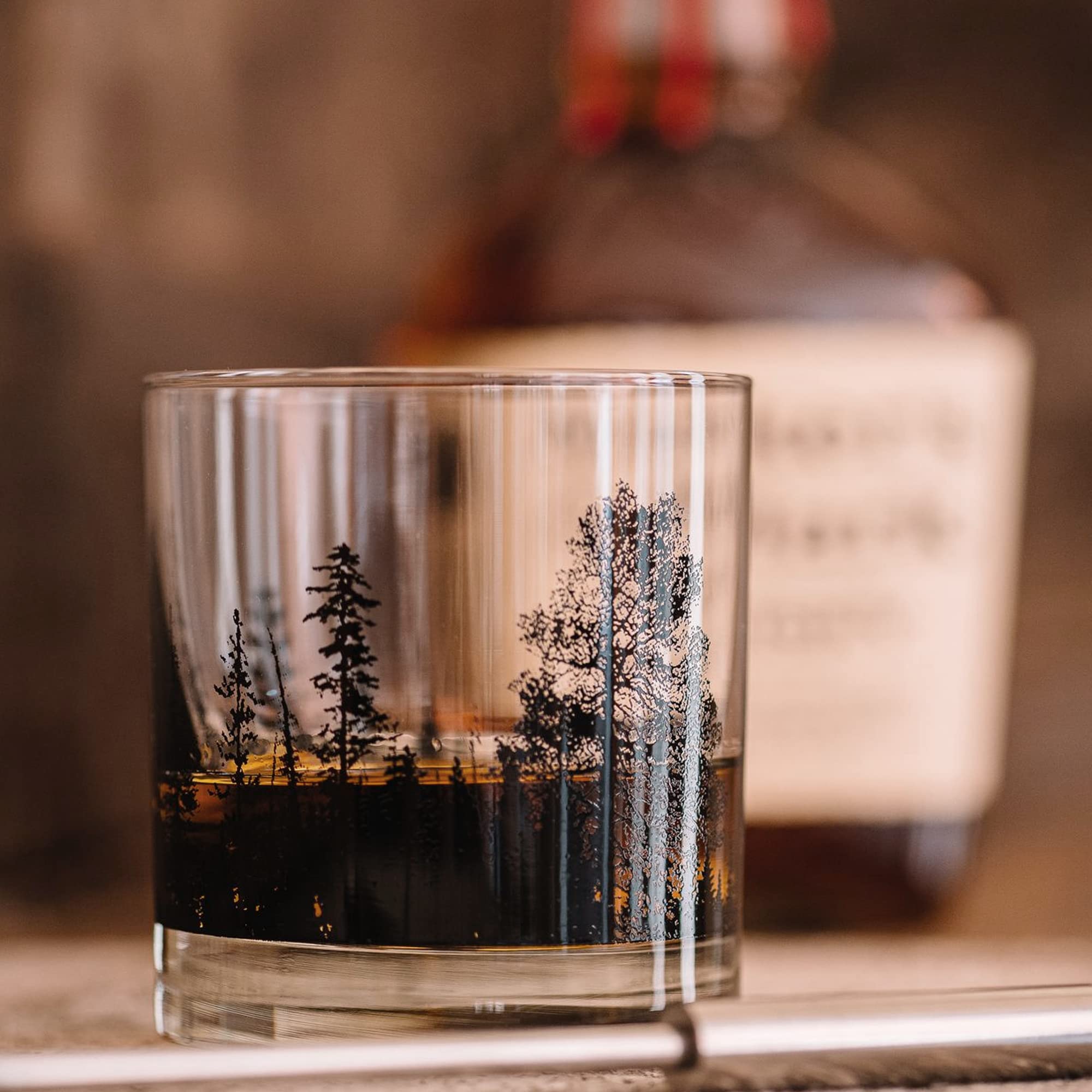 Black Lantern Handmade Whiskey Glasses - Unique Themed Cocktail & Everyday Use Drinking Glasses, Perfect for Outdoor Enthusiasts & Nature Lover (One 11oz. Glass) Forest Landscape Design