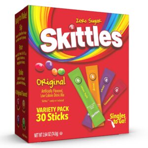 skittles singles to go variety pack, powdered drink mix, zero sugar, low calorie, includes 4 flavors: green apple, strawberry, grape, orange, 1 box (30 single servings)