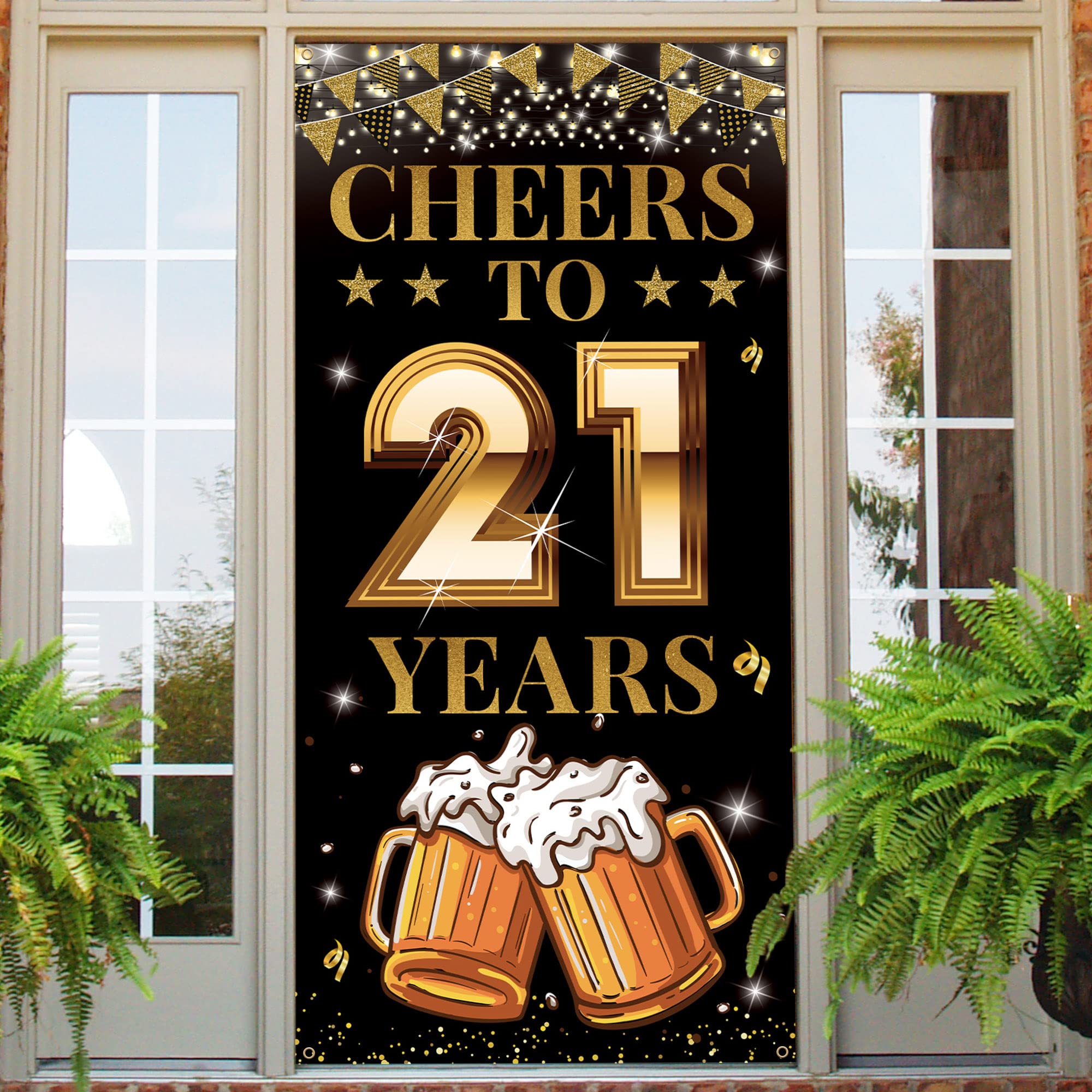 21st Birthday Decorations for Him Her, Cheers to 21 Years Birthday Door Banner, Black Gold 21st Birthday Yard Sign, 21 Birthday Party Backdrop Photo Props Poster for Outdoor Indoor, Fabric, Vicycaty