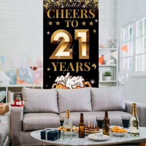 21st Birthday Decorations for Him Her, Cheers to 21 Years Birthday Door Banner, Black Gold 21st Birthday Yard Sign, 21 Birthday Party Backdrop Photo Props Poster for Outdoor Indoor, Fabric, Vicycaty