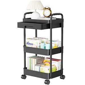 3-tier rolling cart wiht drawer, multifunctional utility cart craft art cart trolley organizer with plastic shelf & metal wheels, storage cart for kitchen,bathroom,living room,office,black