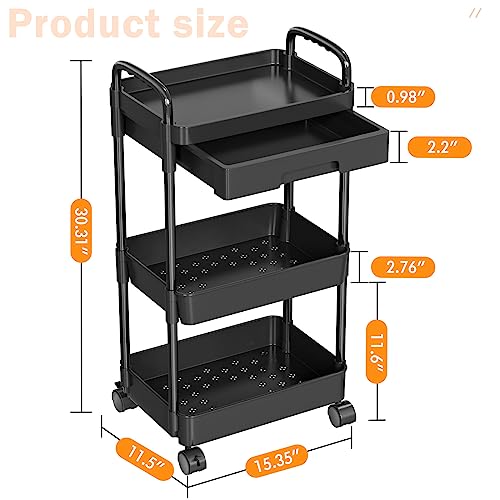 3-Tier Rolling Cart wiht Drawer, Multifunctional Utility Cart Craft Art Cart Trolley Organizer with Plastic Shelf & Metal Wheels, Storage Cart for Kitchen,Bathroom,Living Room,Office,Black