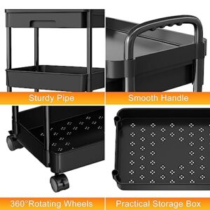 3-Tier Rolling Cart wiht Drawer, Multifunctional Utility Cart Craft Art Cart Trolley Organizer with Plastic Shelf & Metal Wheels, Storage Cart for Kitchen,Bathroom,Living Room,Office,Black