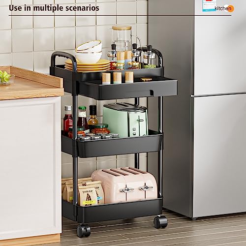 3-Tier Rolling Cart wiht Drawer, Multifunctional Utility Cart Craft Art Cart Trolley Organizer with Plastic Shelf & Metal Wheels, Storage Cart for Kitchen,Bathroom,Living Room,Office,Black