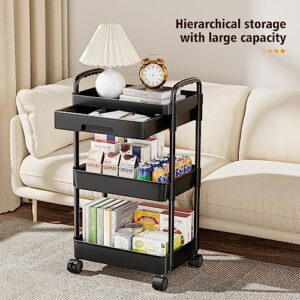 3-Tier Rolling Cart wiht Drawer, Multifunctional Utility Cart Craft Art Cart Trolley Organizer with Plastic Shelf & Metal Wheels, Storage Cart for Kitchen,Bathroom,Living Room,Office,Black