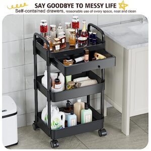 3-Tier Rolling Cart wiht Drawer, Multifunctional Utility Cart Craft Art Cart Trolley Organizer with Plastic Shelf & Metal Wheels, Storage Cart for Kitchen,Bathroom,Living Room,Office,Black