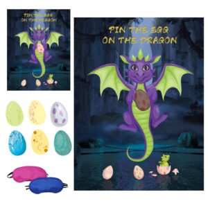 dragon party game pin the bow on the dragon - 36pack dragon egg sticker for dragon theme halloween christmas birthday party supplies favors for kids girls boys magical dragon poster wall decor