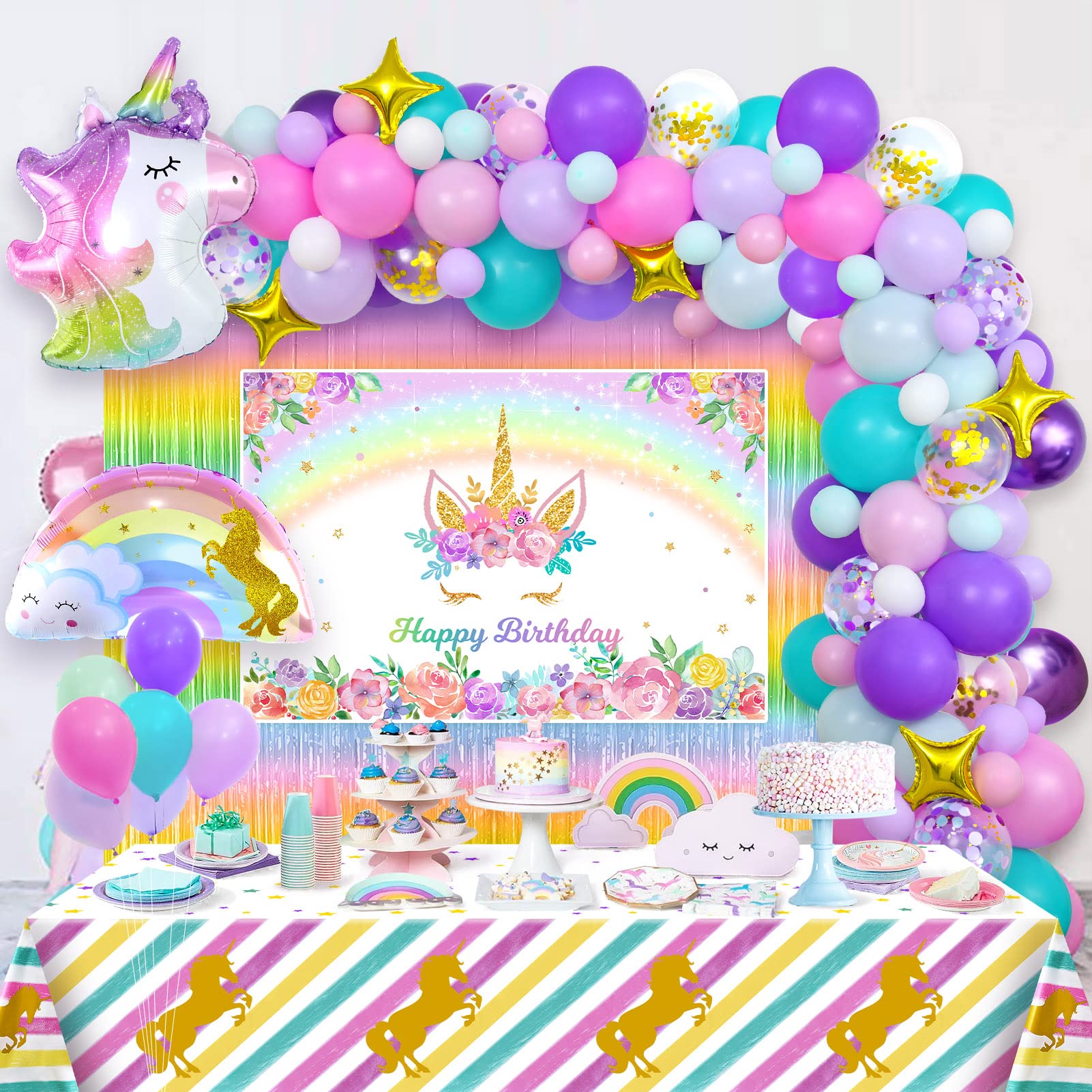 129Pcs Unicorn Theme Birthday Party Decorations Supplies For Girls,Rainbow Unicorn Balloon Garland Arch Kit With Unicorn Backdrop Tablecloth,Fringe Curtain Rainbow Gold Confetti Pink Purple Balloons