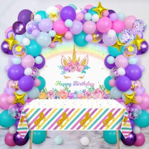 129Pcs Unicorn Theme Birthday Party Decorations Supplies For Girls,Rainbow Unicorn Balloon Garland Arch Kit With Unicorn Backdrop Tablecloth,Fringe Curtain Rainbow Gold Confetti Pink Purple Balloons