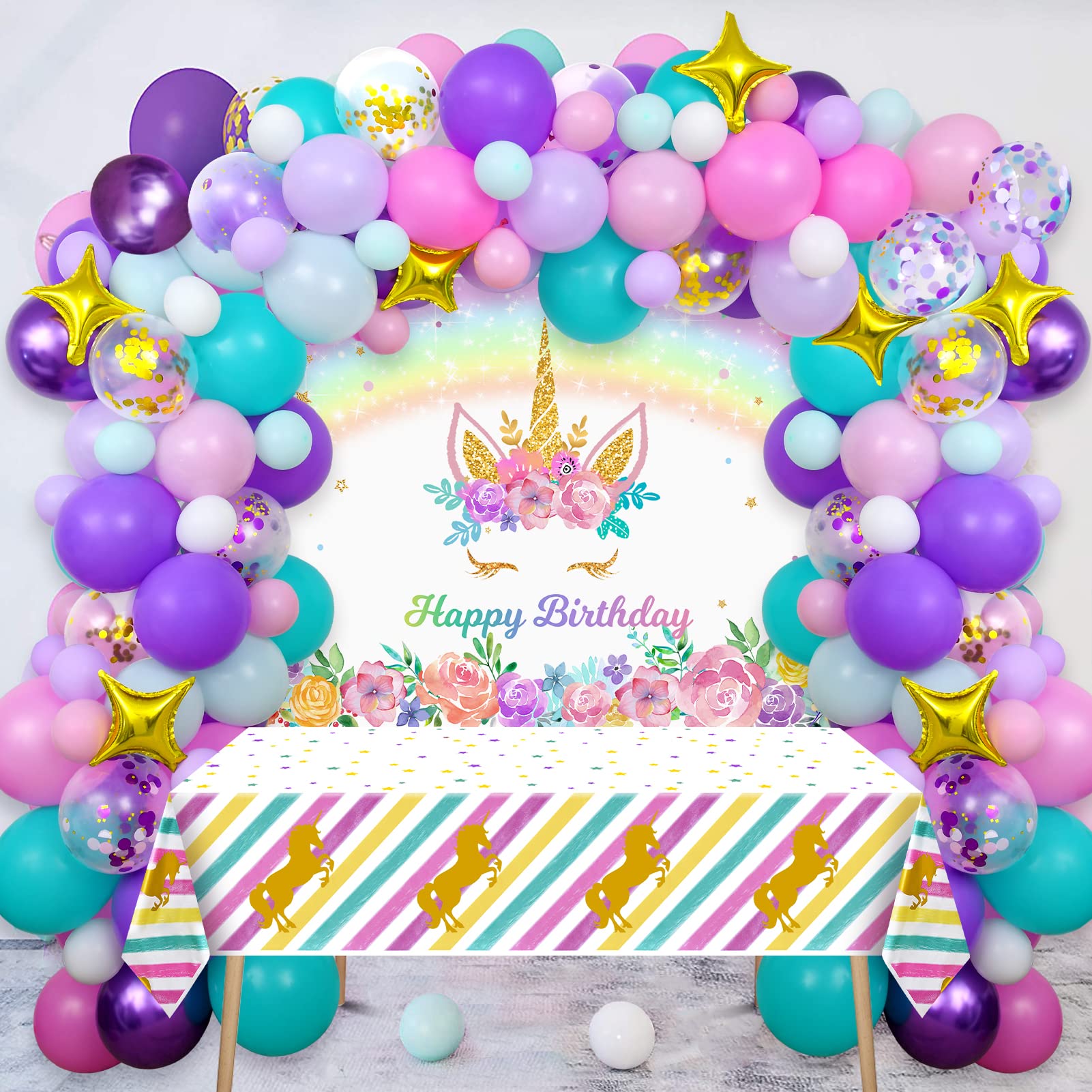 129Pcs Unicorn Theme Birthday Party Decorations Supplies For Girls,Rainbow Unicorn Balloon Garland Arch Kit With Unicorn Backdrop Tablecloth,Fringe Curtain Rainbow Gold Confetti Pink Purple Balloons