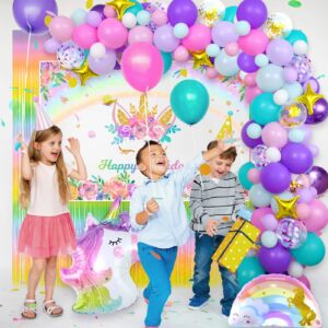 129Pcs Unicorn Theme Birthday Party Decorations Supplies For Girls,Rainbow Unicorn Balloon Garland Arch Kit With Unicorn Backdrop Tablecloth,Fringe Curtain Rainbow Gold Confetti Pink Purple Balloons