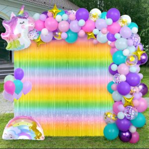 129Pcs Unicorn Theme Birthday Party Decorations Supplies For Girls,Rainbow Unicorn Balloon Garland Arch Kit With Unicorn Backdrop Tablecloth,Fringe Curtain Rainbow Gold Confetti Pink Purple Balloons