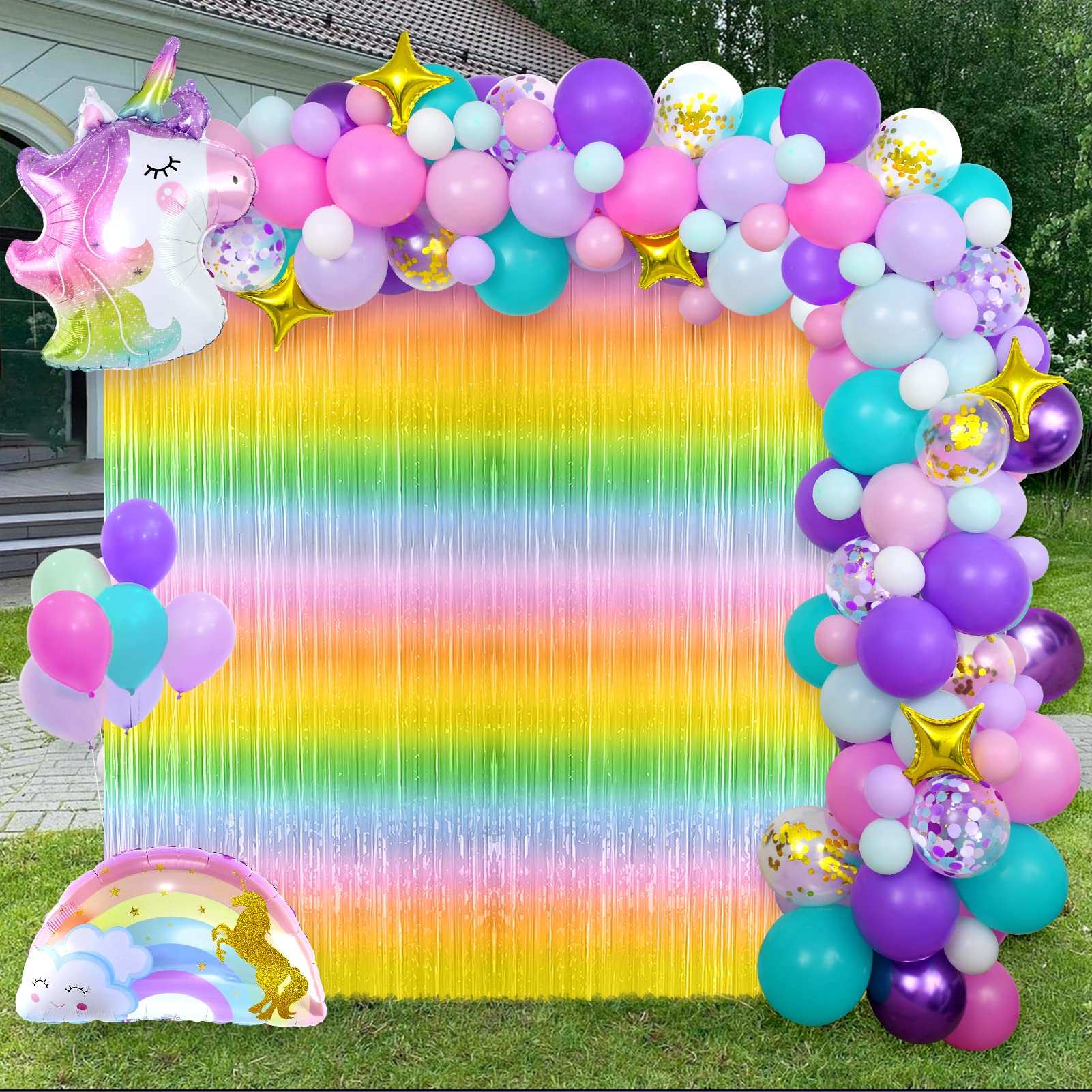 129Pcs Unicorn Theme Birthday Party Decorations Supplies For Girls,Rainbow Unicorn Balloon Garland Arch Kit With Unicorn Backdrop Tablecloth,Fringe Curtain Rainbow Gold Confetti Pink Purple Balloons