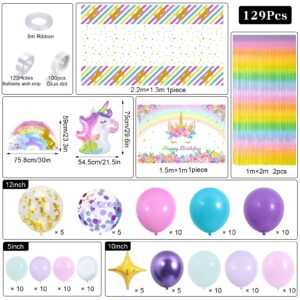 129Pcs Unicorn Theme Birthday Party Decorations Supplies For Girls,Rainbow Unicorn Balloon Garland Arch Kit With Unicorn Backdrop Tablecloth,Fringe Curtain Rainbow Gold Confetti Pink Purple Balloons