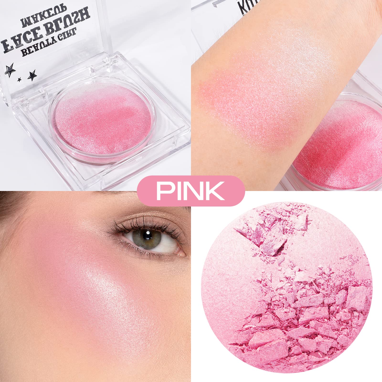 KYDA Pink Blush Powder, Pink Face Highlighter Baked Blush, Shimmer Blush for Natural Glowing Finish, Lasting Lightweight Buildable Easy To Blend-Pink