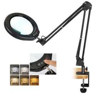 veemagni 5 inch large magnifying glass with light and stand, 5 color modes stepless dimmable, long swivel arm led clamp desk lamp, hands free 8x lighted magnifier for close work craft hobby soldering