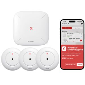 x-sense wi-fi water leak detector, smart water sensor alarm, water detector alarm with 1700 ft transmission range for kitchens, basements, bathrooms, 3 water detectors & 1 base station, model sws54