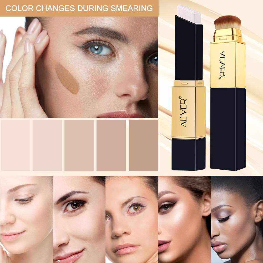 2 in 1 Colour Changing Concealer Stick with Cosmetic Brushes, Long Lasting Makeup Full Concealer Stick, Non-Comedogenic and Oil-Free Concealer Helps Cover (ivory white)