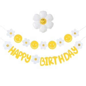 happy birthday banner, daisy birthday party decorations with daisy balloon and felt daisy smiley face birthday banners for boho hippie groovy smiley face party baby shower girl birthday decorations